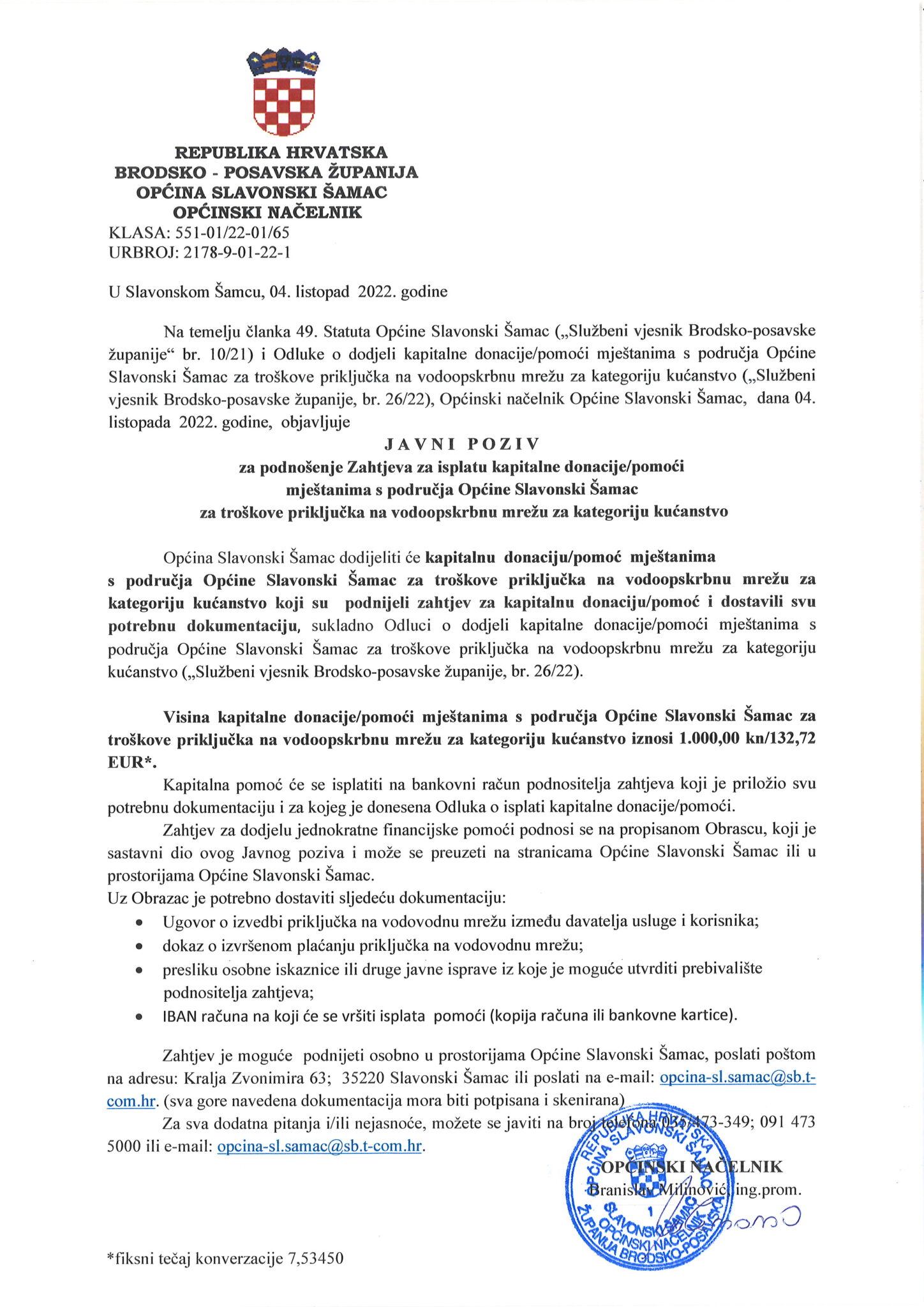 Javni poziv za podnošenje zahtjeva za isplatu kapitalne donacije/pomoći mještanima s područja ...